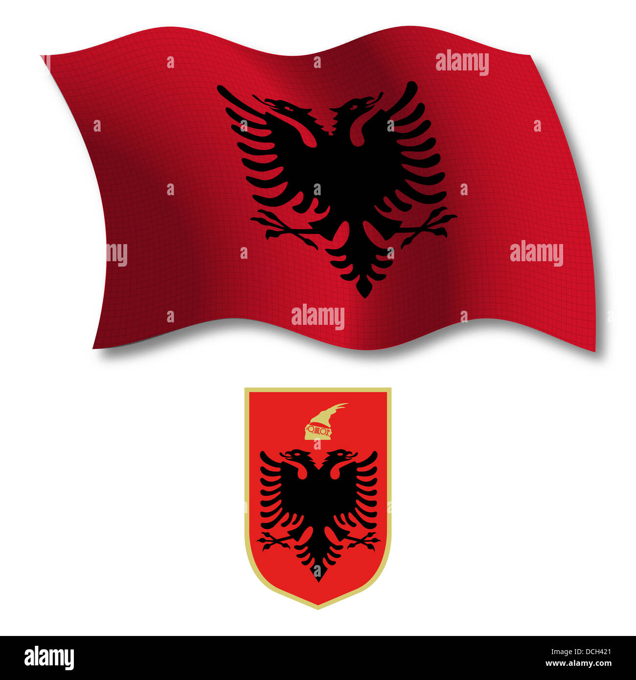 albania shadowed textured wavy flag and coat of arms against white ...