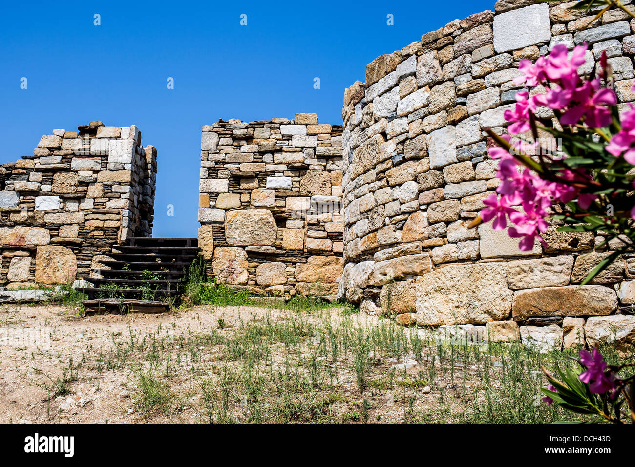 Flowers in front of tower and section of the ancient stone wall of the ...
