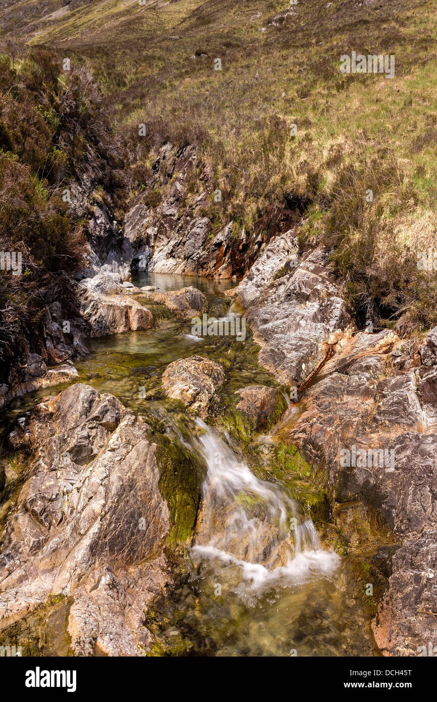 Waterfall in fast flowing mountain stream, Allt Aigeinn, Torrin, Isle ...