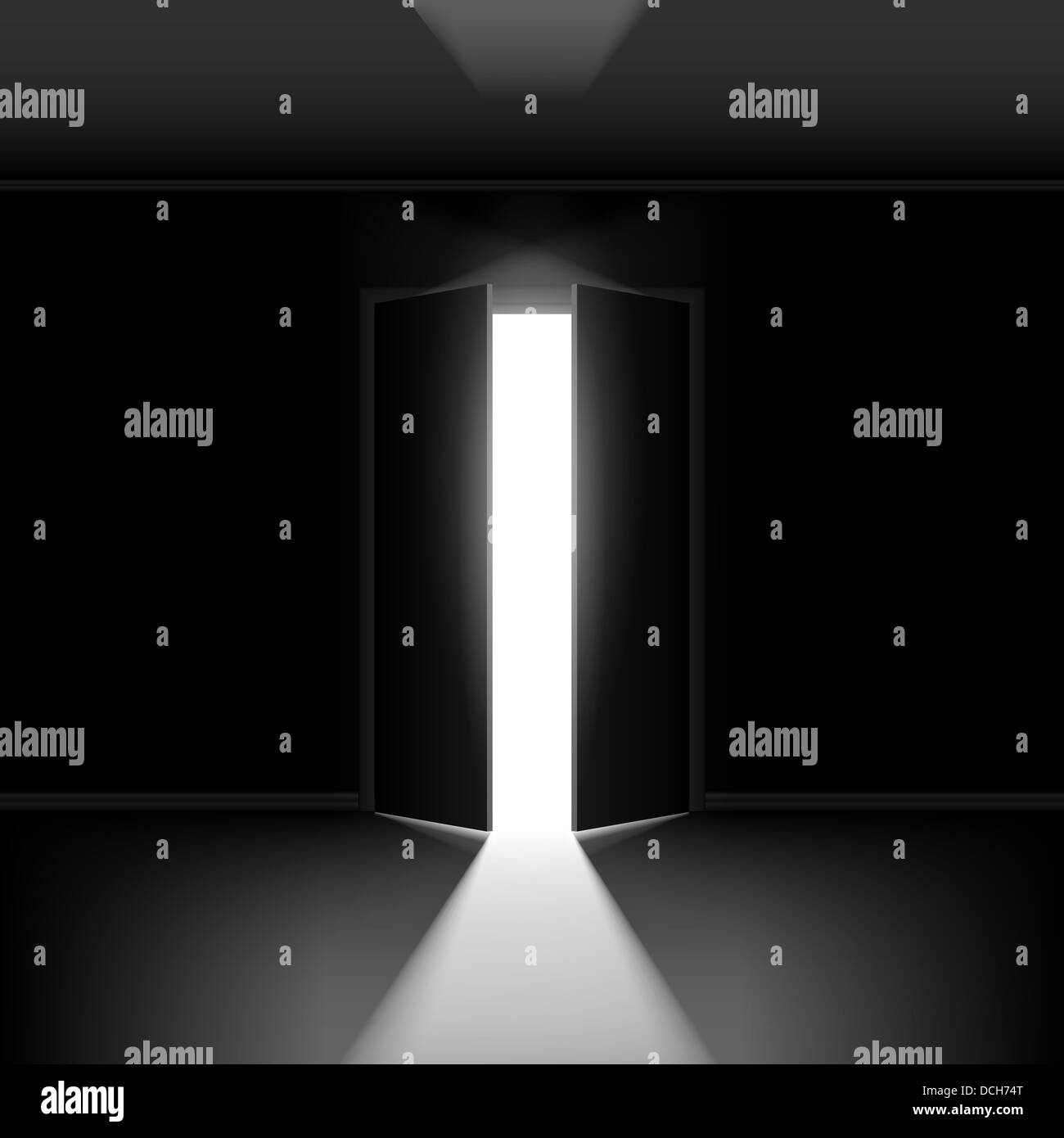 Exit door with light. Illustration on black empty background Stock ...