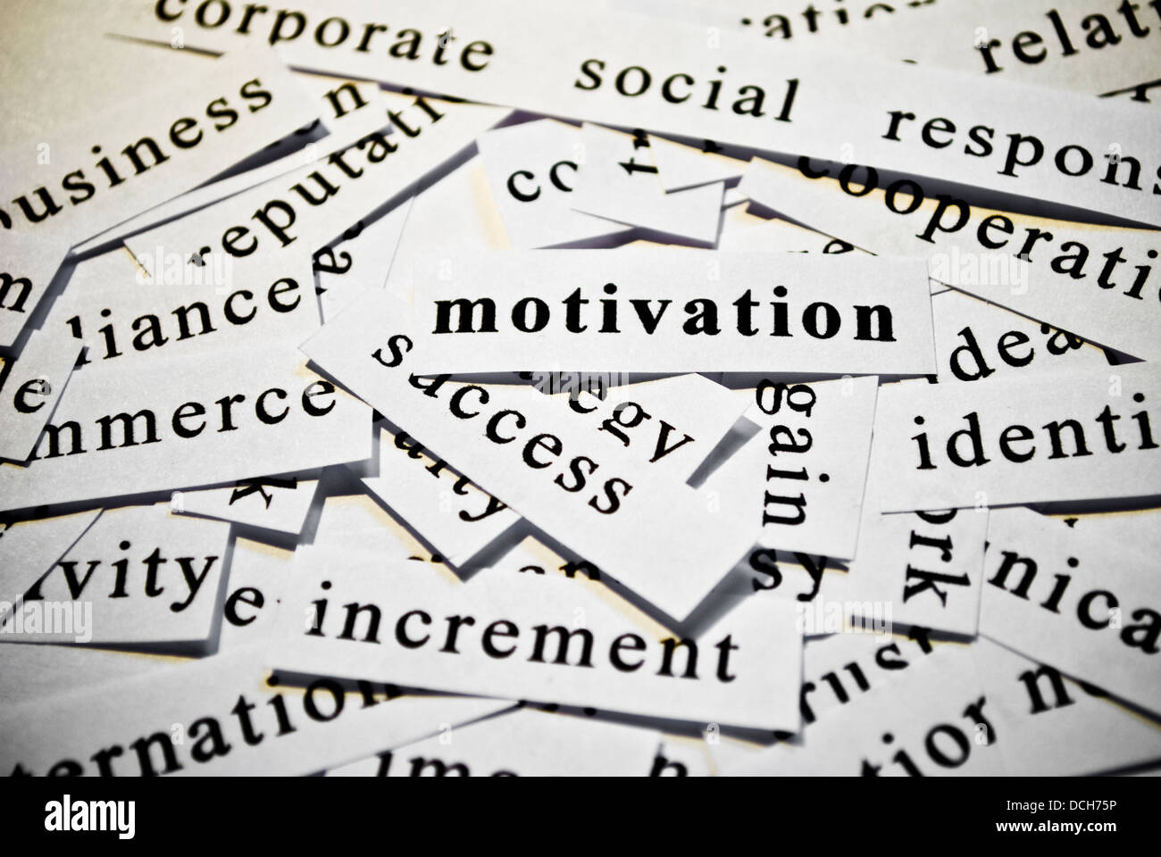 Motivation. Concept of cut-out words related with business activity ...