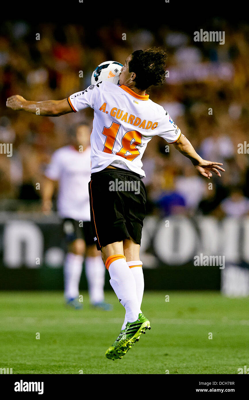i17.08.2013 Valencia, Spain. Andres Guardado of Valencia CF controls ...