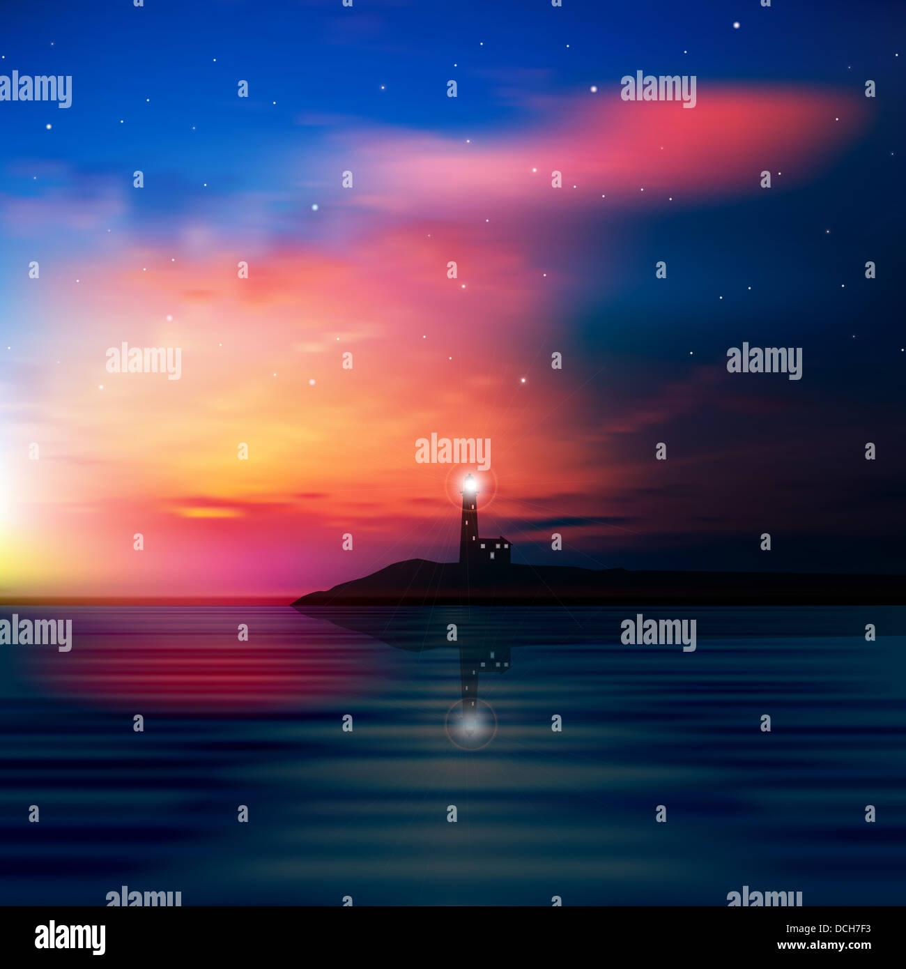 abstract sea background with lighthouse and sunrise Stock Photo - Alamy