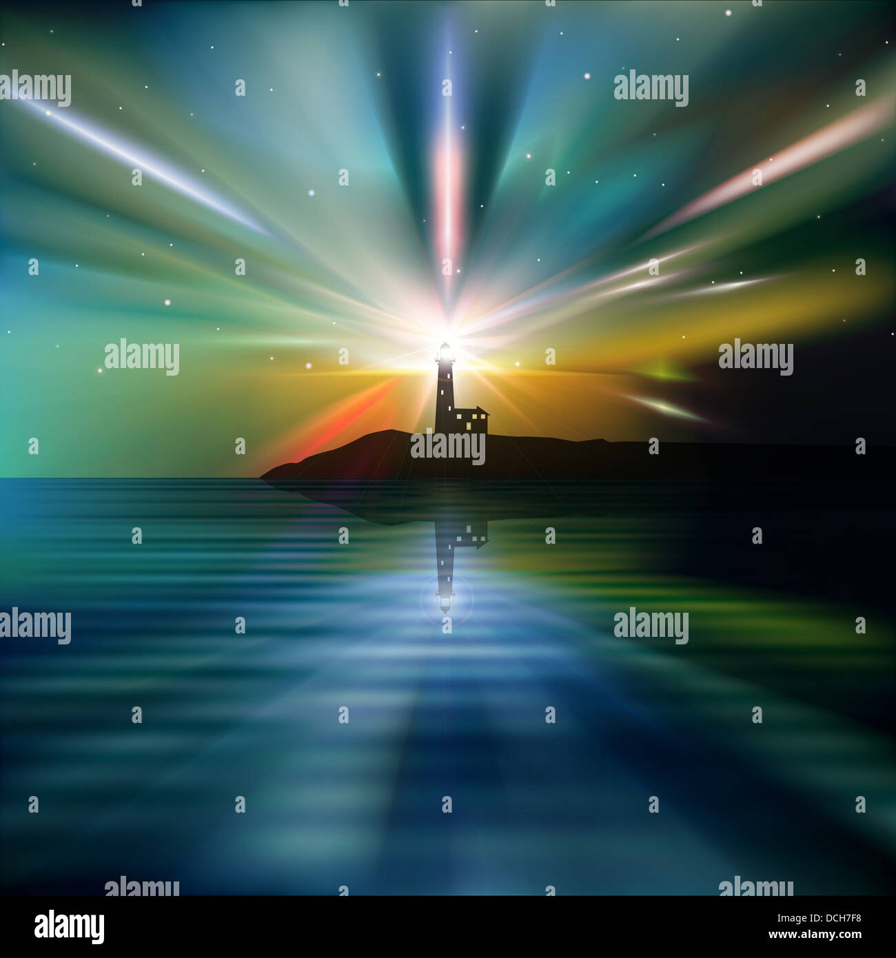 abstract nature background with lighthouse and sunrise Stock Photo - Alamy