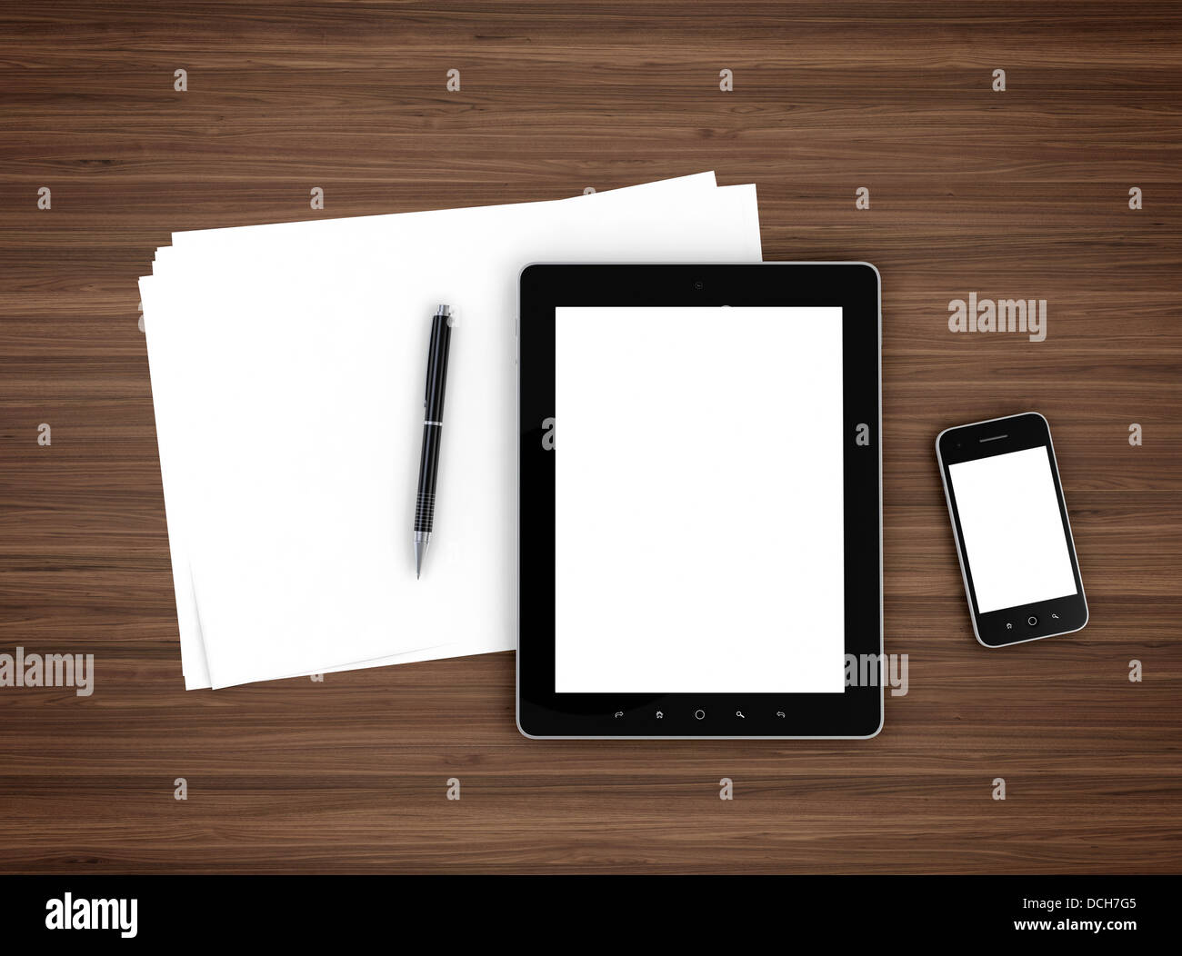 3d illustration of modern mobile devices, sheet of paper and pen on ...