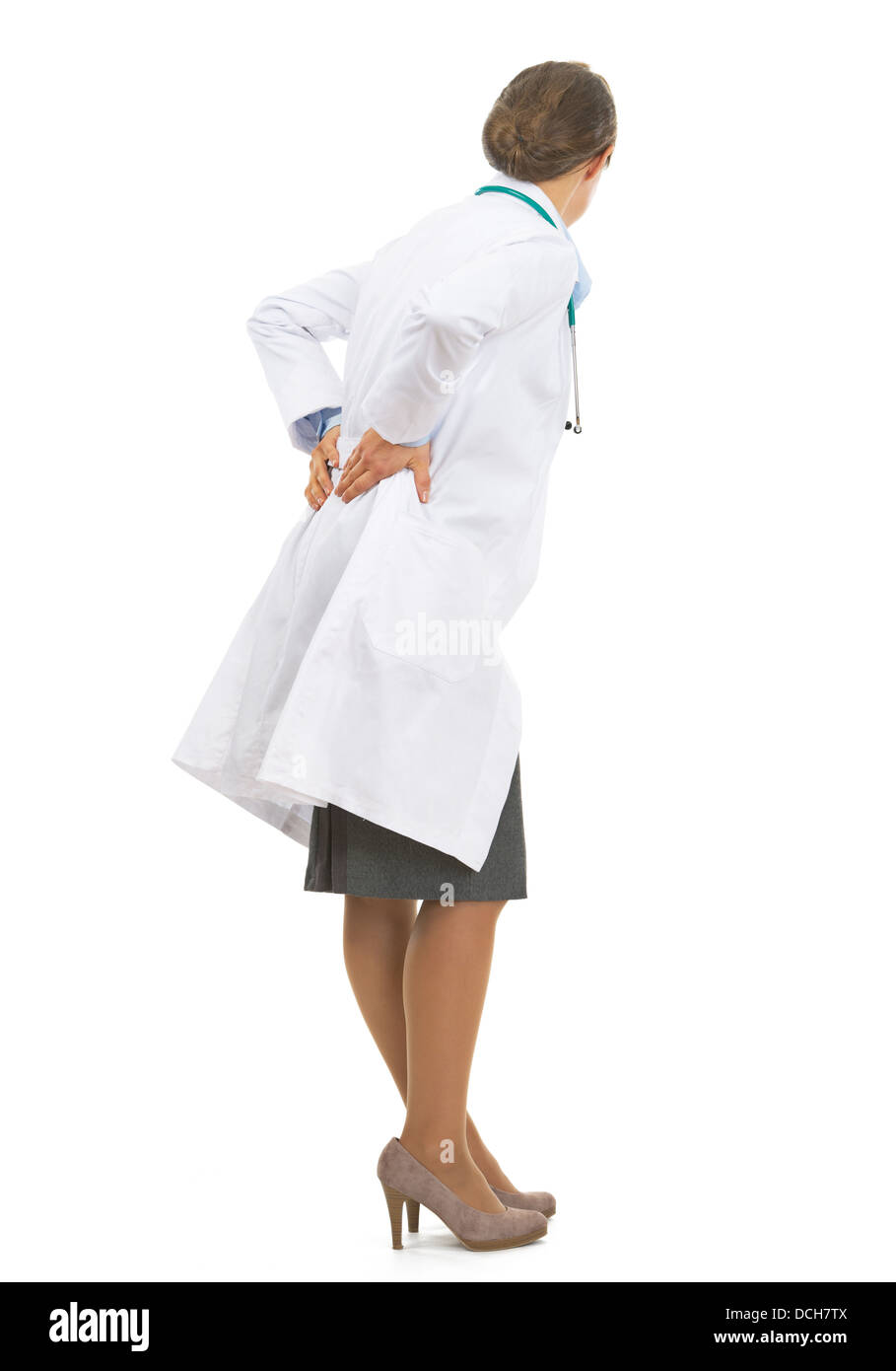 Full length portrait of doctor woman with back pain Stock Photo - Alamy