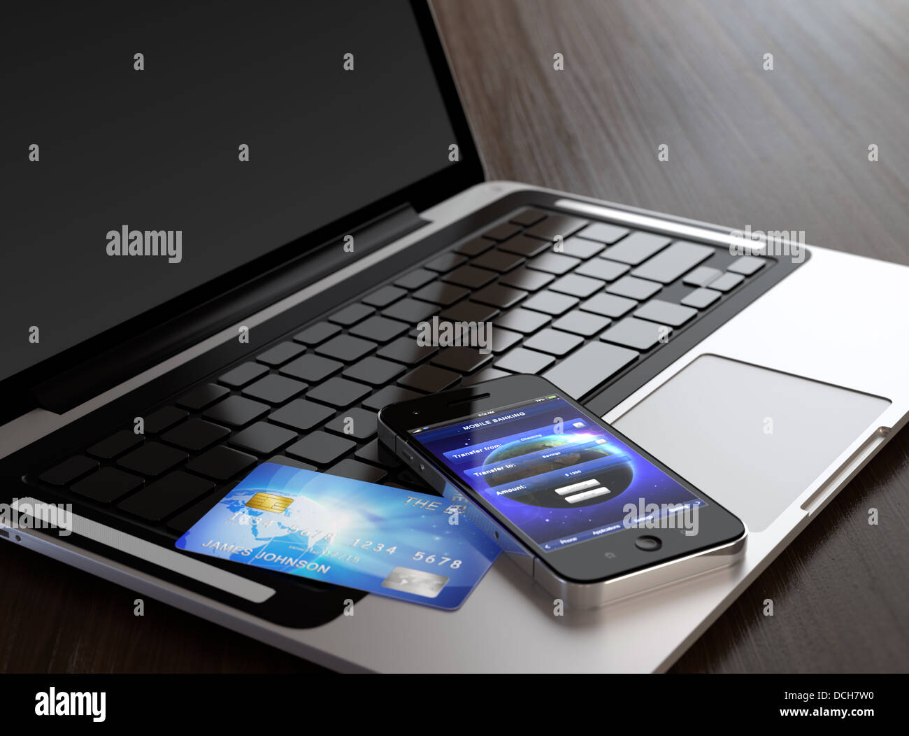 Computer generated image of mobile phone with mobile banking ...