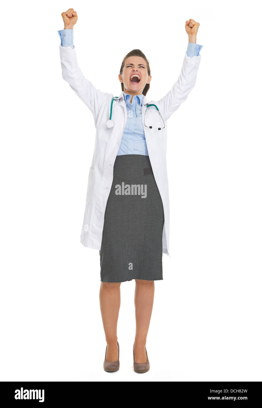 Full length portrait of happy doctor woman rejoicing success Stock ...
