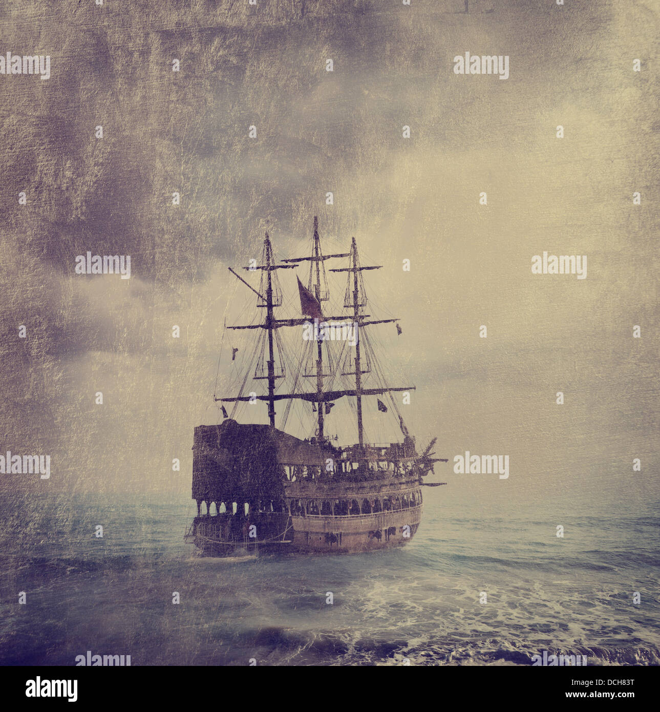 Old pirate ship in the sea. Texture added Stock Photo - Alamy