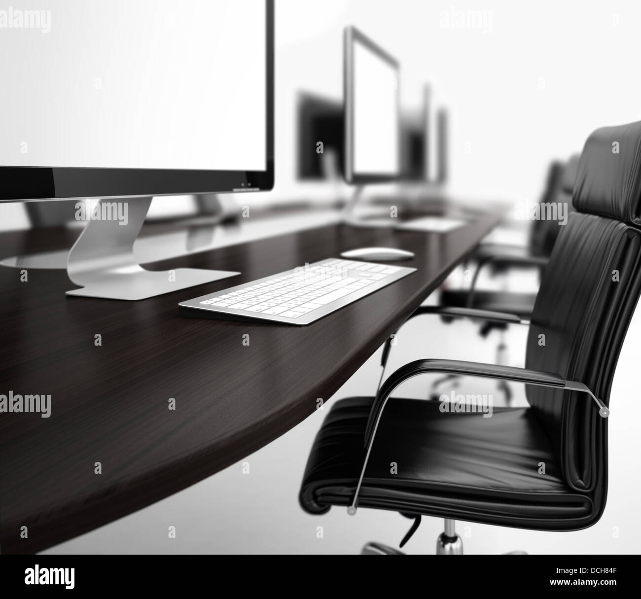 Computer generated image of workplace room with computers in a row ...