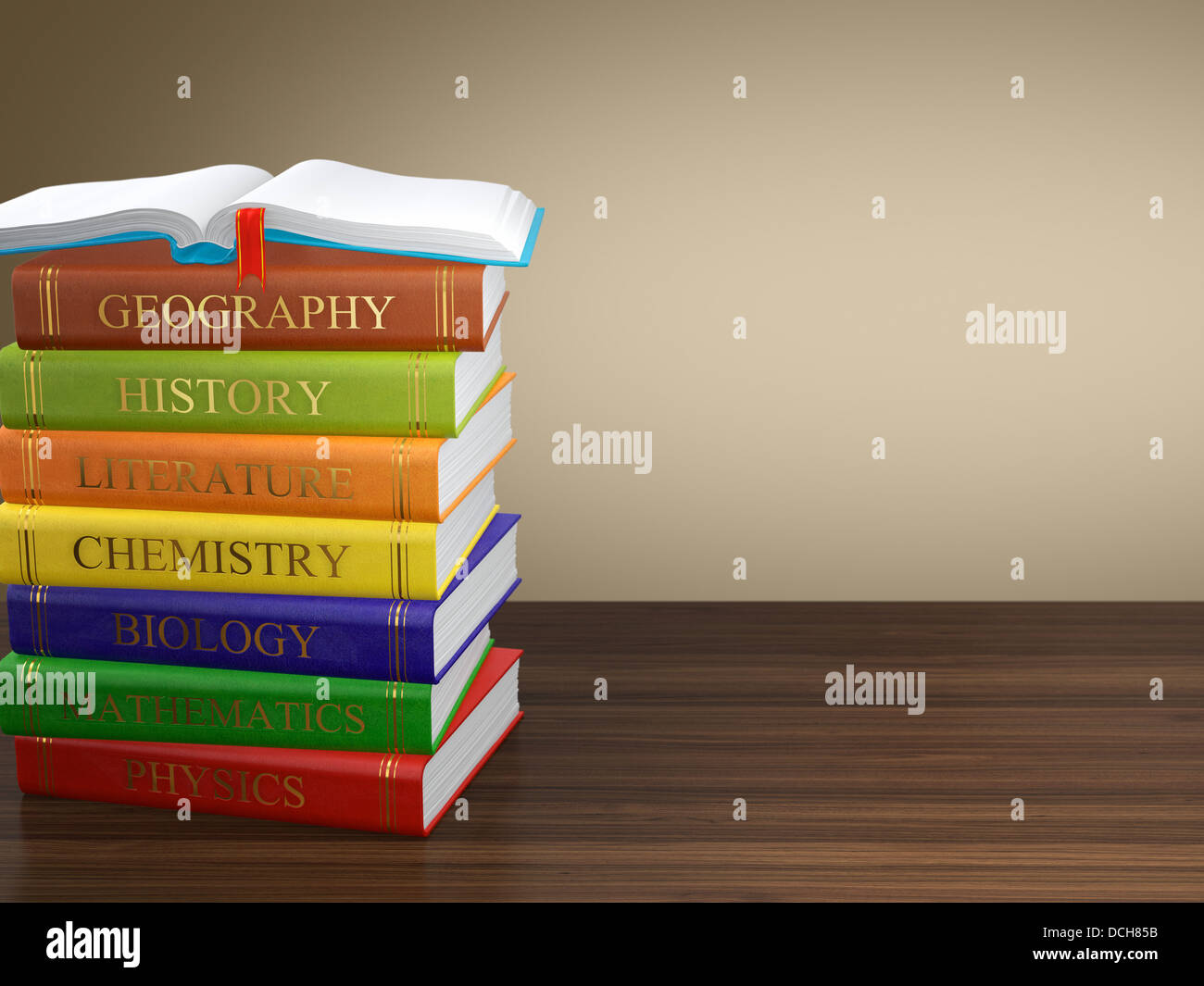 Computer generated image of multi colored book stack on wooden table ...