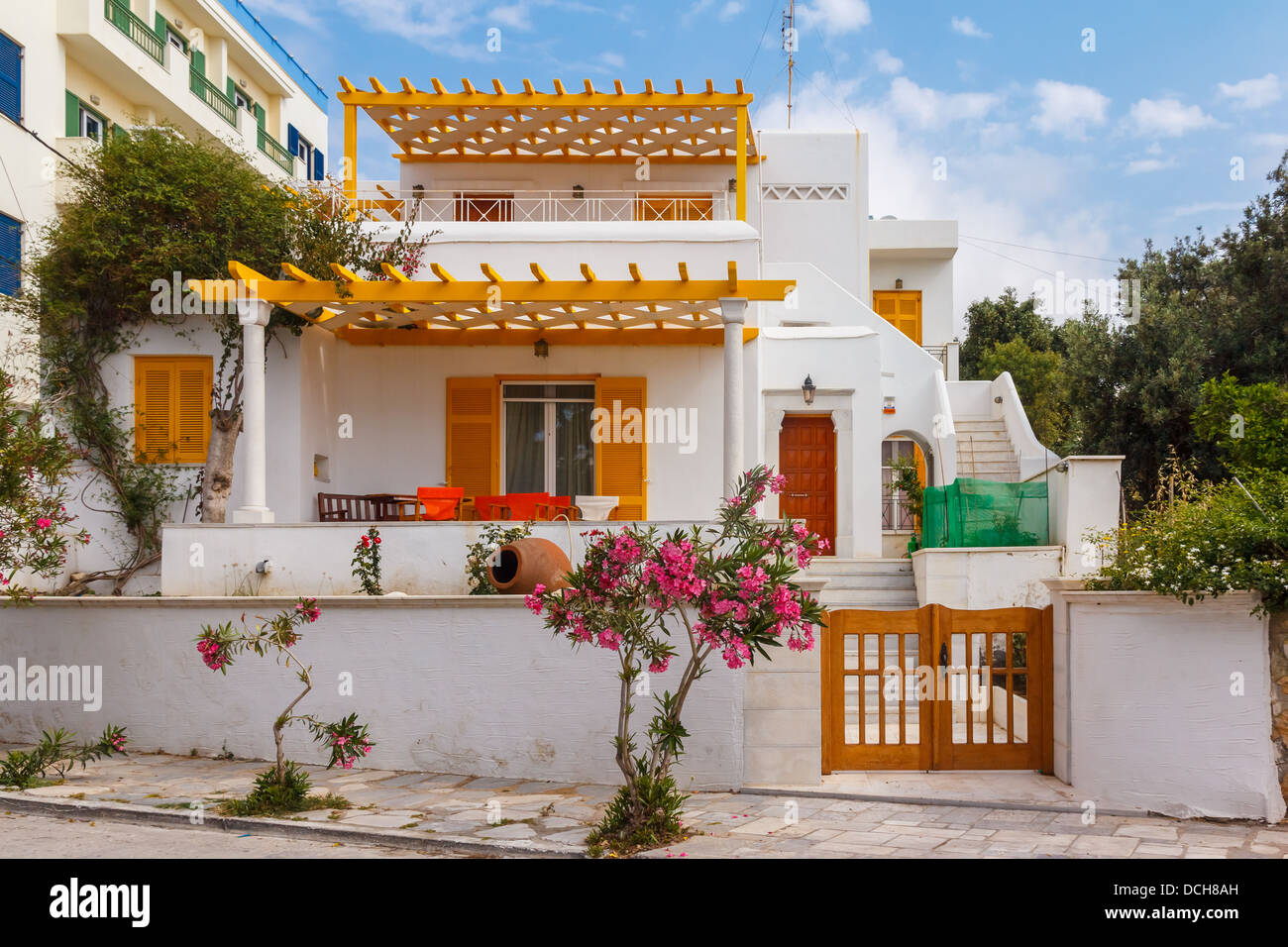 Greece with traditional white and blue greek house hi-res stock ...