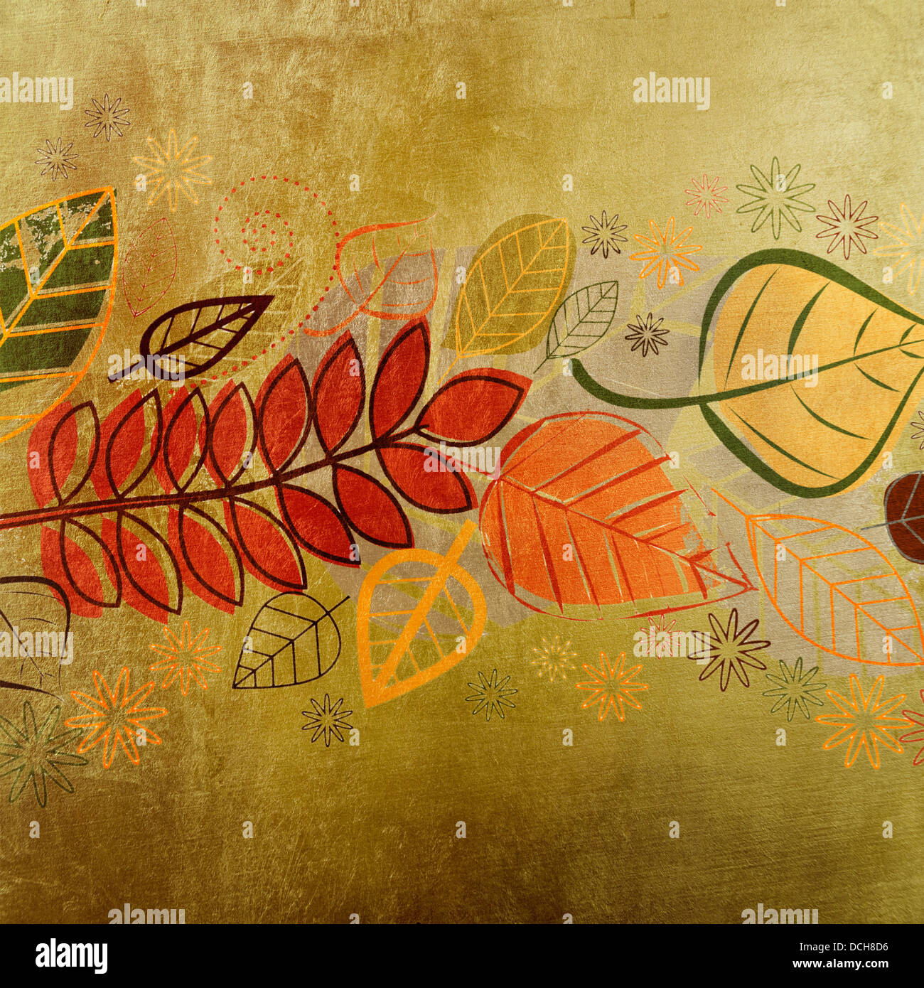 Autumn leaves design on golden texture Stock Photo - Alamy