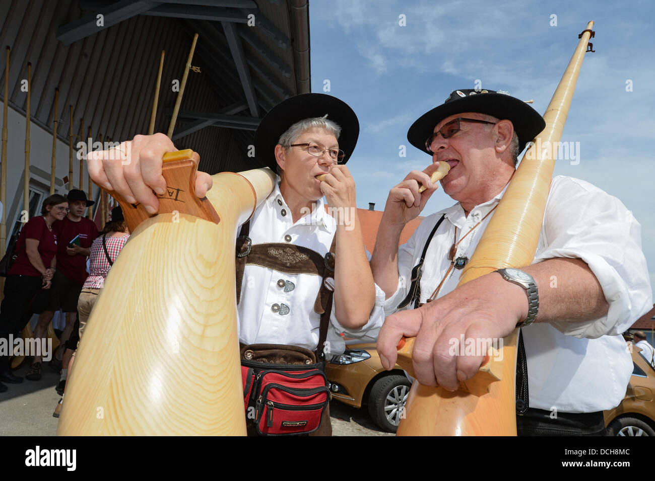 Alphorn players Martina Elisabeth Volm-Kawatzopoulos and Helmut ...