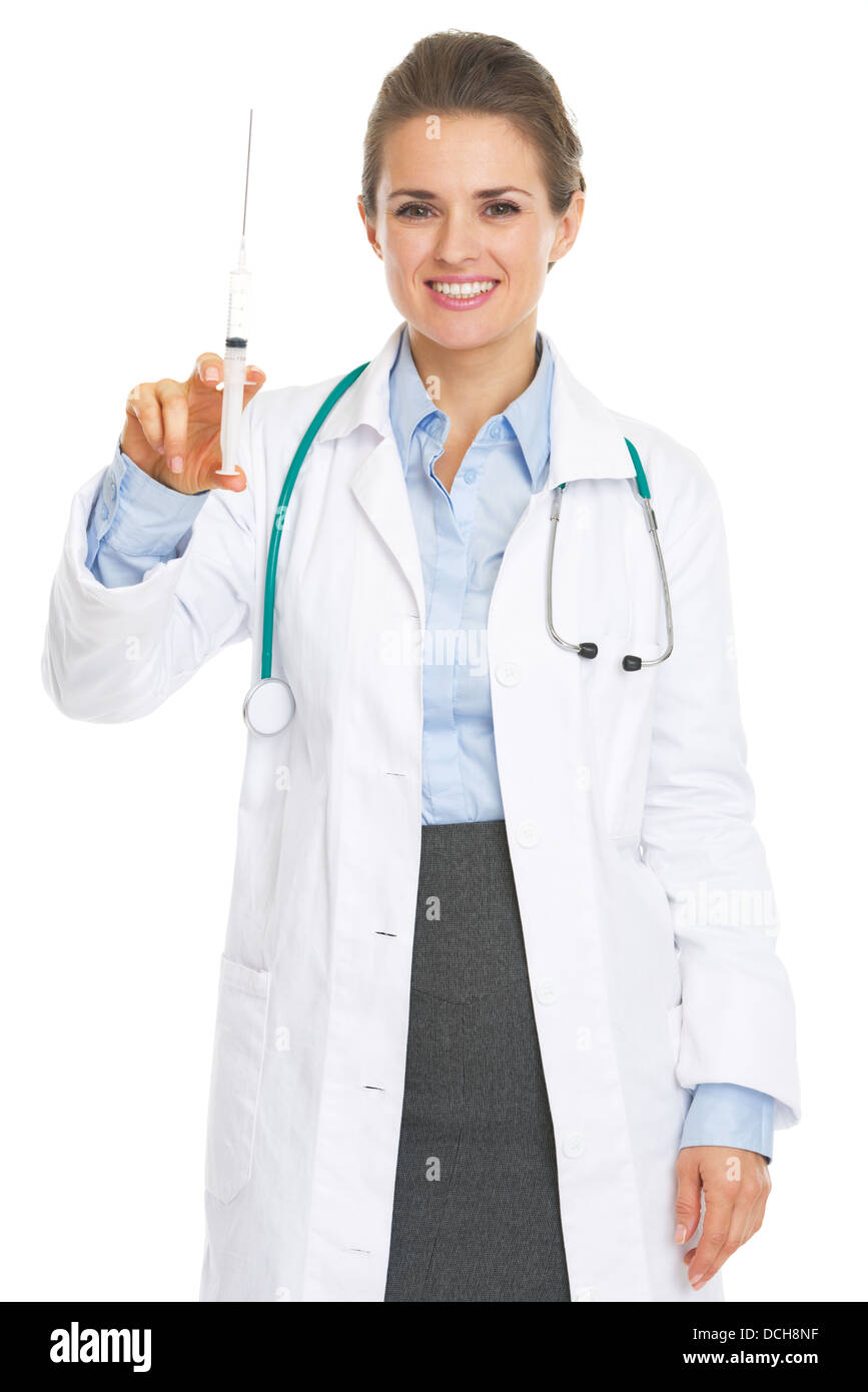 Portrait of smiling doctor woman with syringe Stock Photo - Alamy