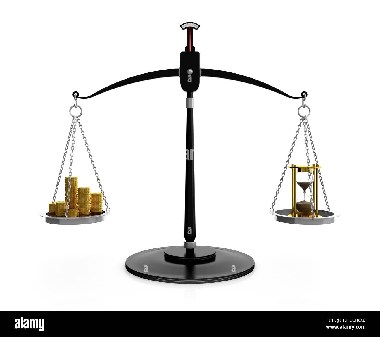 3D illustration of hourglass and gold coins on scales. Time is money ...