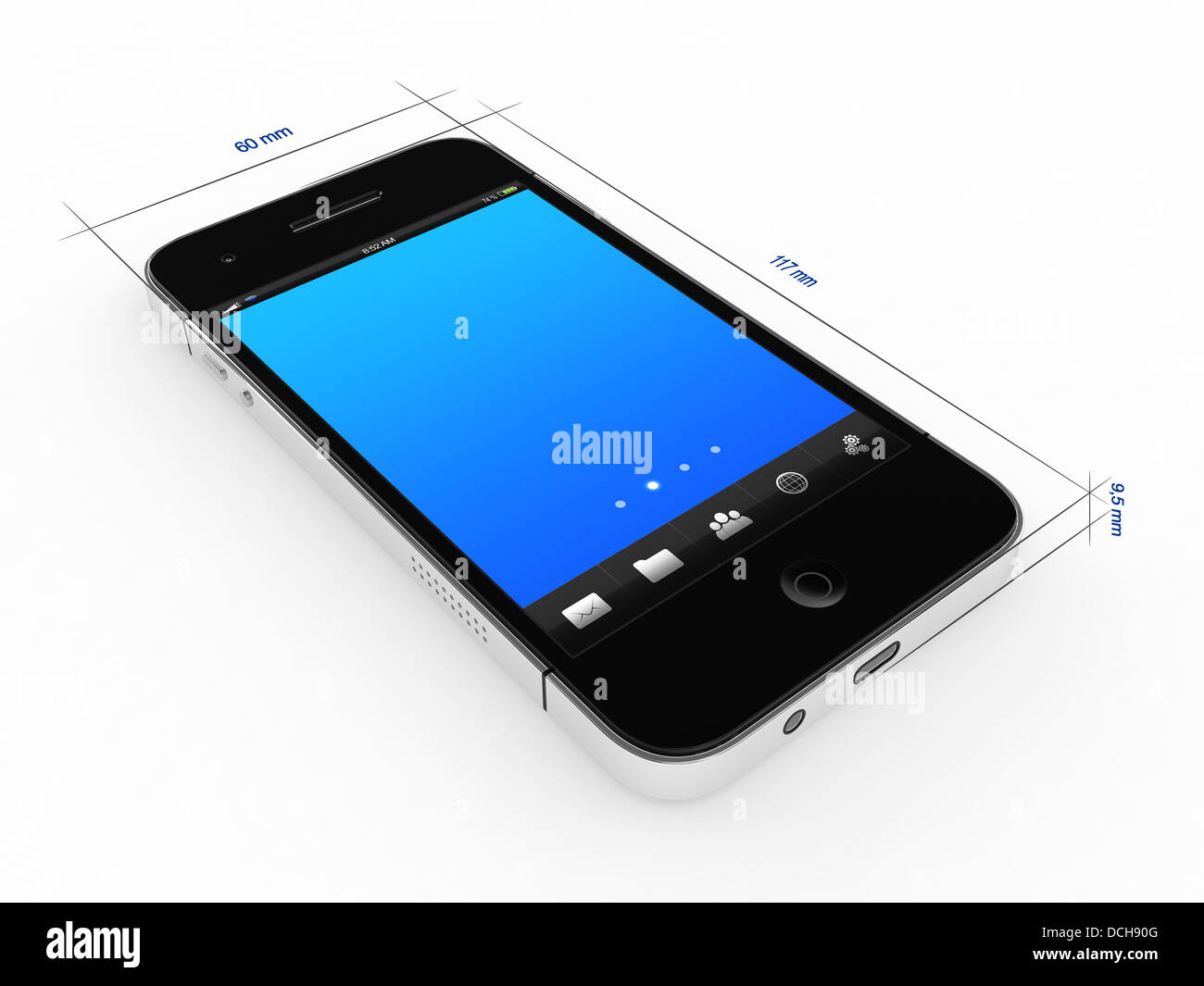 Abstract 3D blueprint drawing of modern mobile phone on white ...