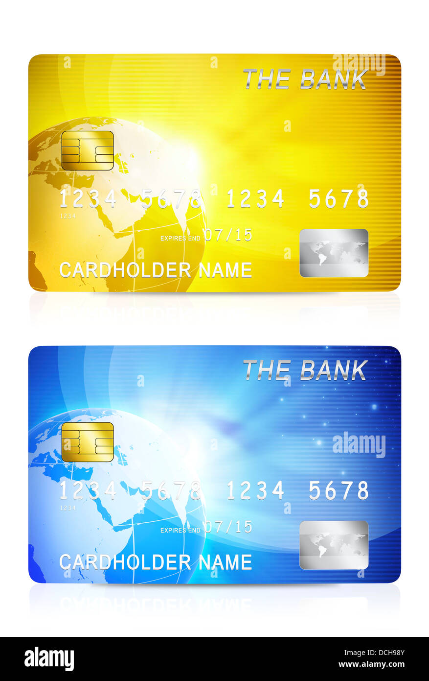 3D illustration of yellow and blue credit card isolated on white ...