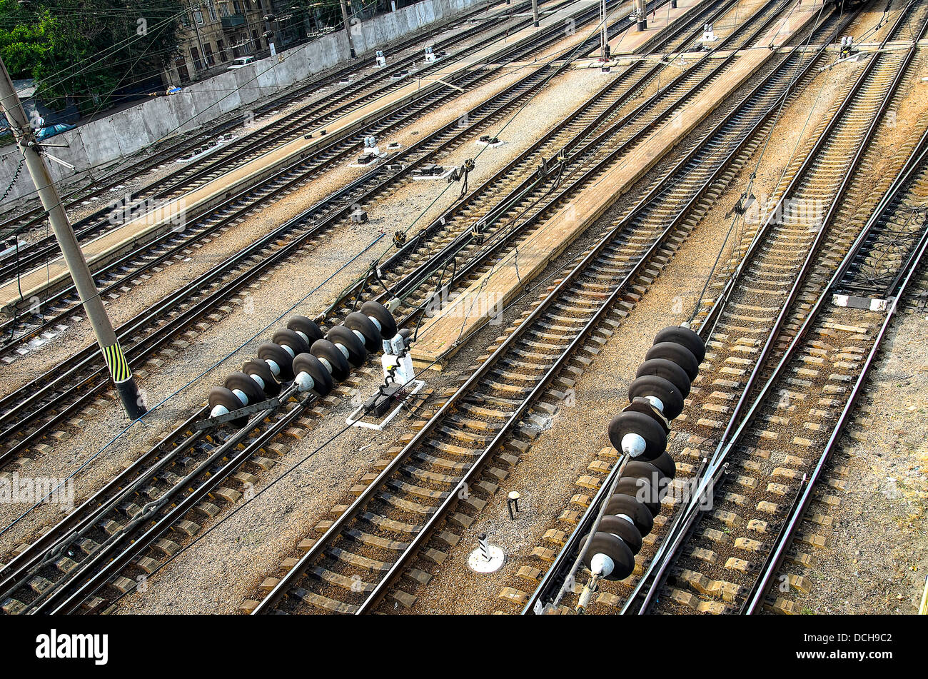 Railway junction. Perspective of crossing rails Stock Photo - Alamy
