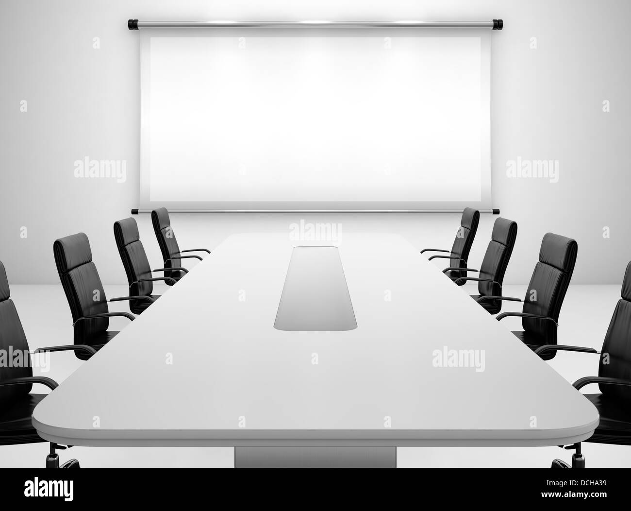 3D render of meeting room with projection screen and conference table ...