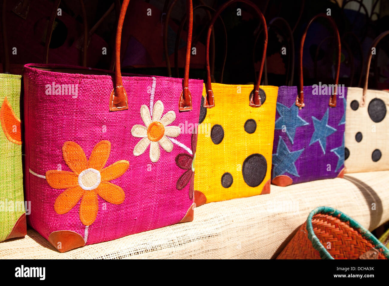 Colourful baskets in the craft market, the french village of Ste Alvere ...