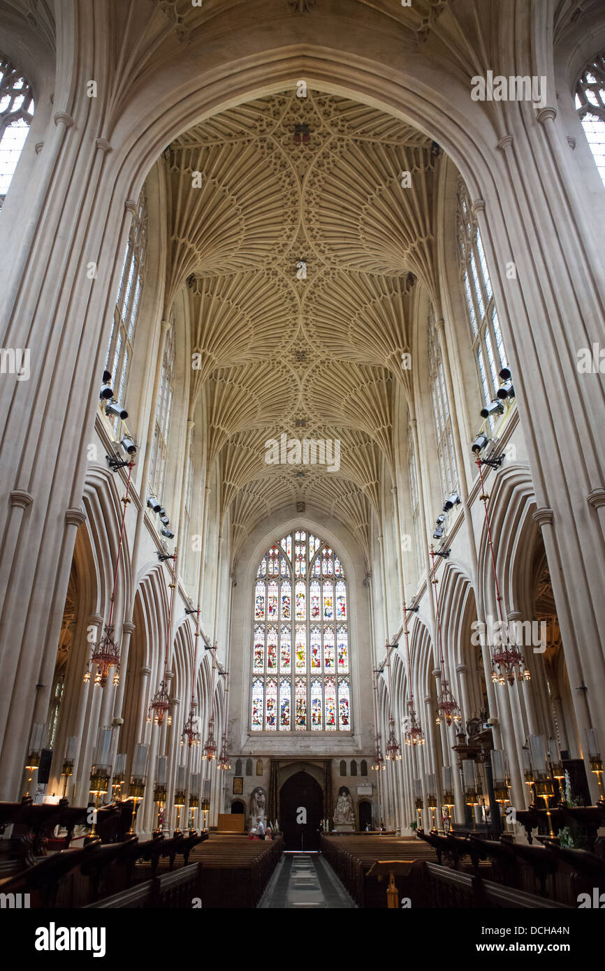Stained Glass Windows and vaulted ceiling at Bath Abbey, UK Stock Photo ...