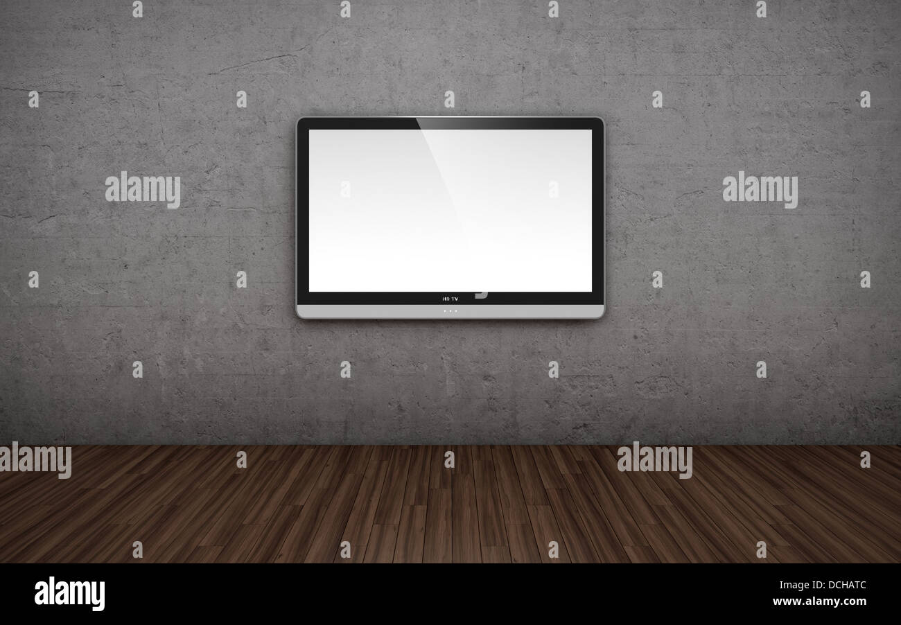 3D illustration of empty room with TV screen on the wall Stock Photo ...