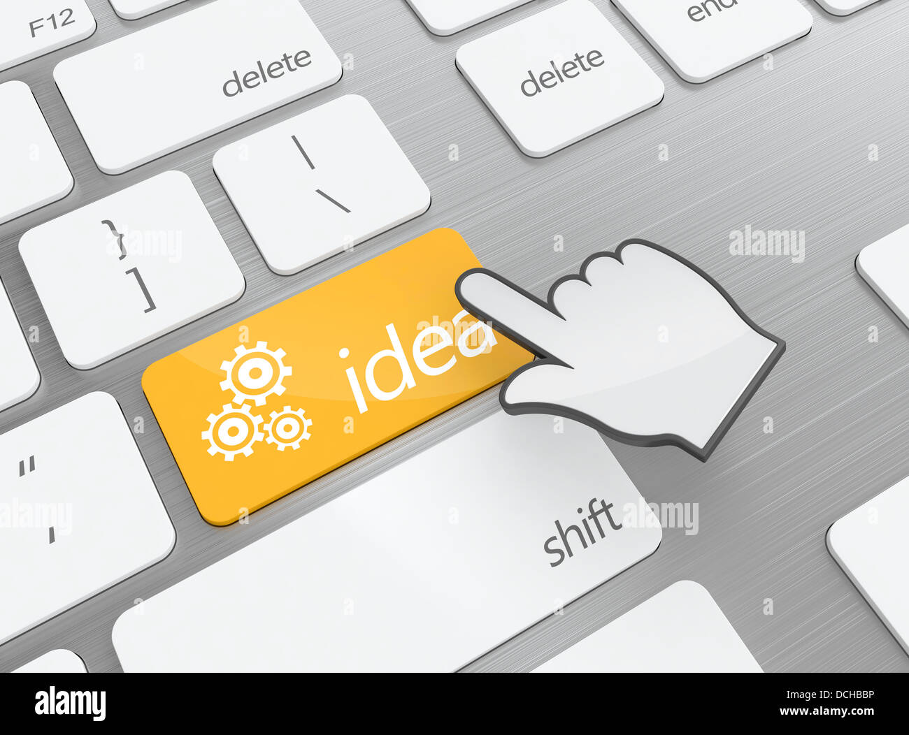 3D illustration of keyboard with orange idea button Stock Photo - Alamy