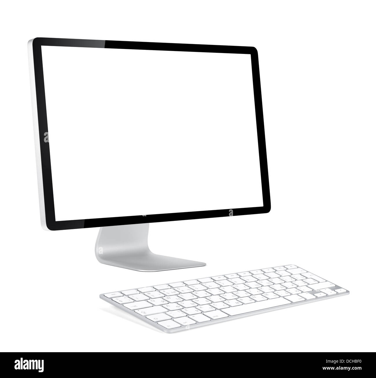 Computer display with blank screen and wireless keyboard. Front view ...
