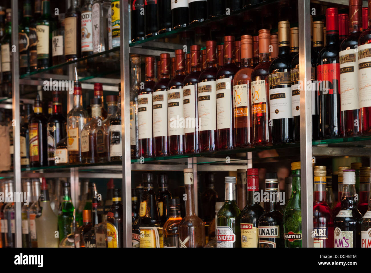 Wines & spirits display in a modern bistro bar Stock Photo - Alamy