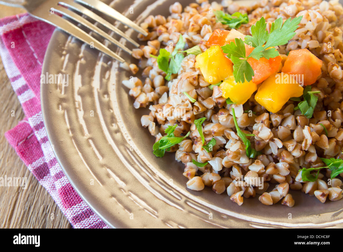 buckwheat food with vegetables, healthy vegetarian meal, close up ...