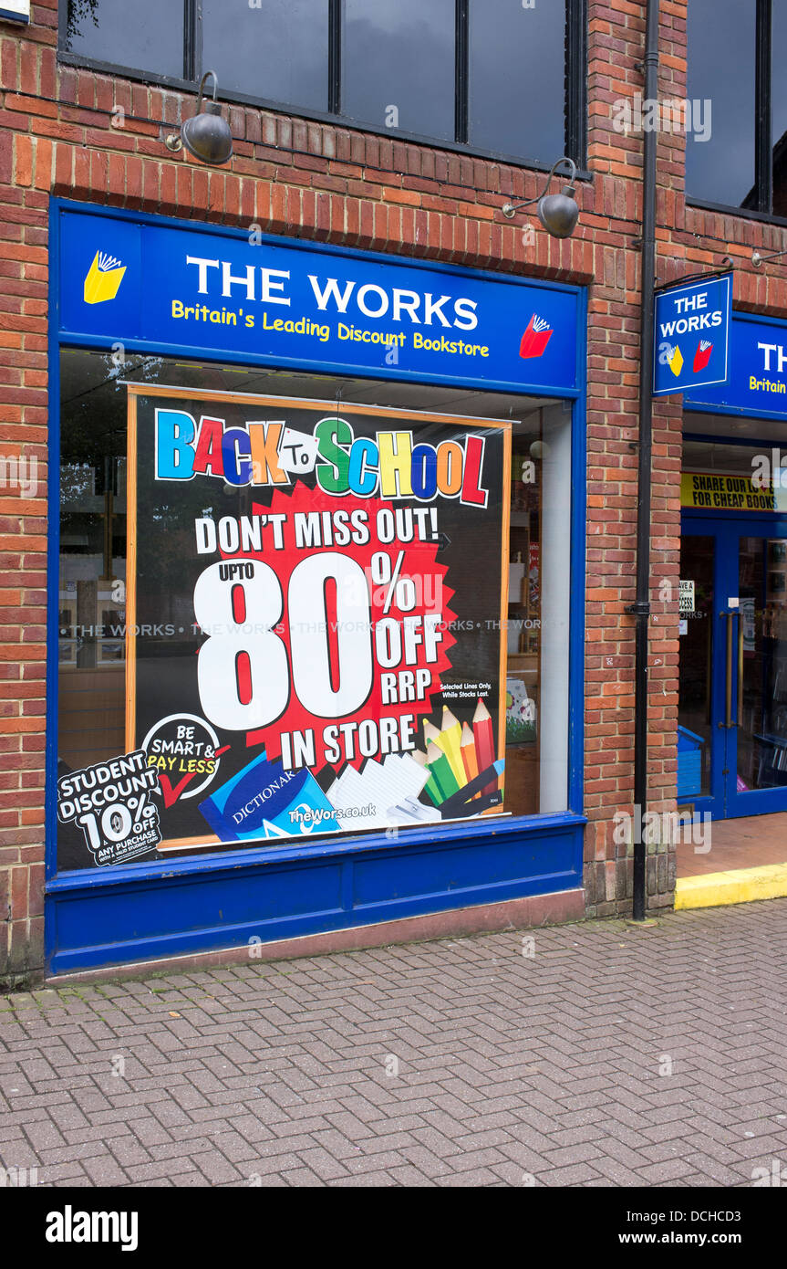 Back to school poster in The Works shop window offering discount of 80 ...