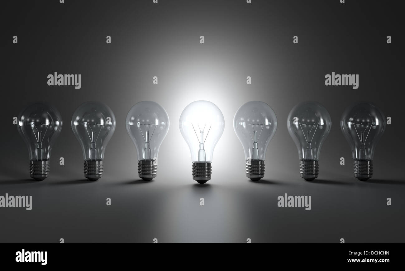 Grayscale image of light bulbs in a row Stock Photo - Alamy