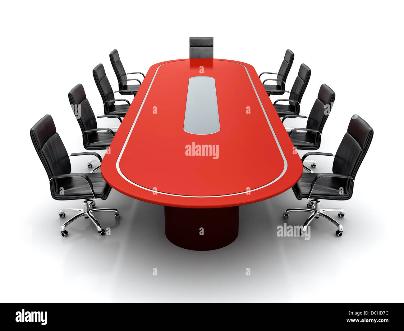 3D render of red conference table with black leather chairs on white ...