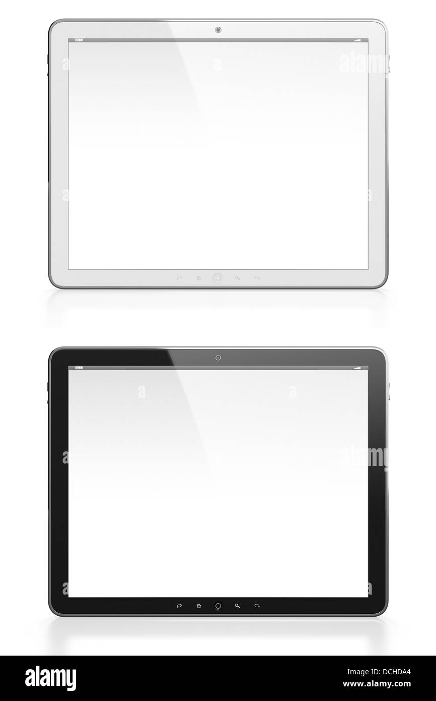 Two tablet computers with blank screen one white and one black isolated ...