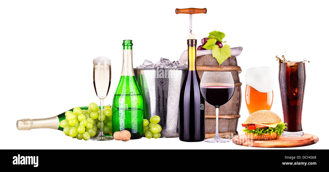 Set of different alcoholic drinks and food - beer,martini,grapes,burger ...