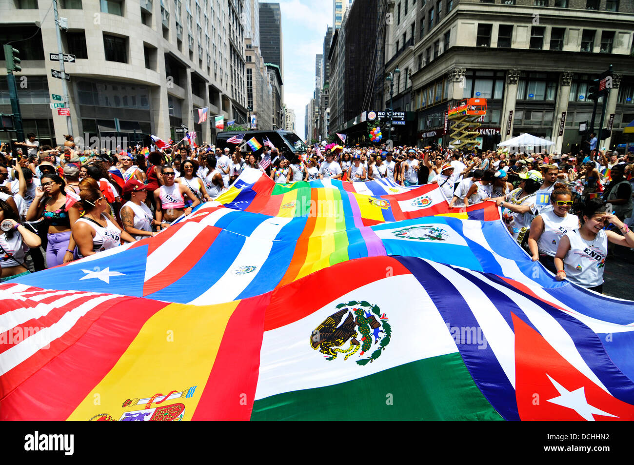 The colorful gay pride procession on Manhattan's 5th ave Stock Photo ...