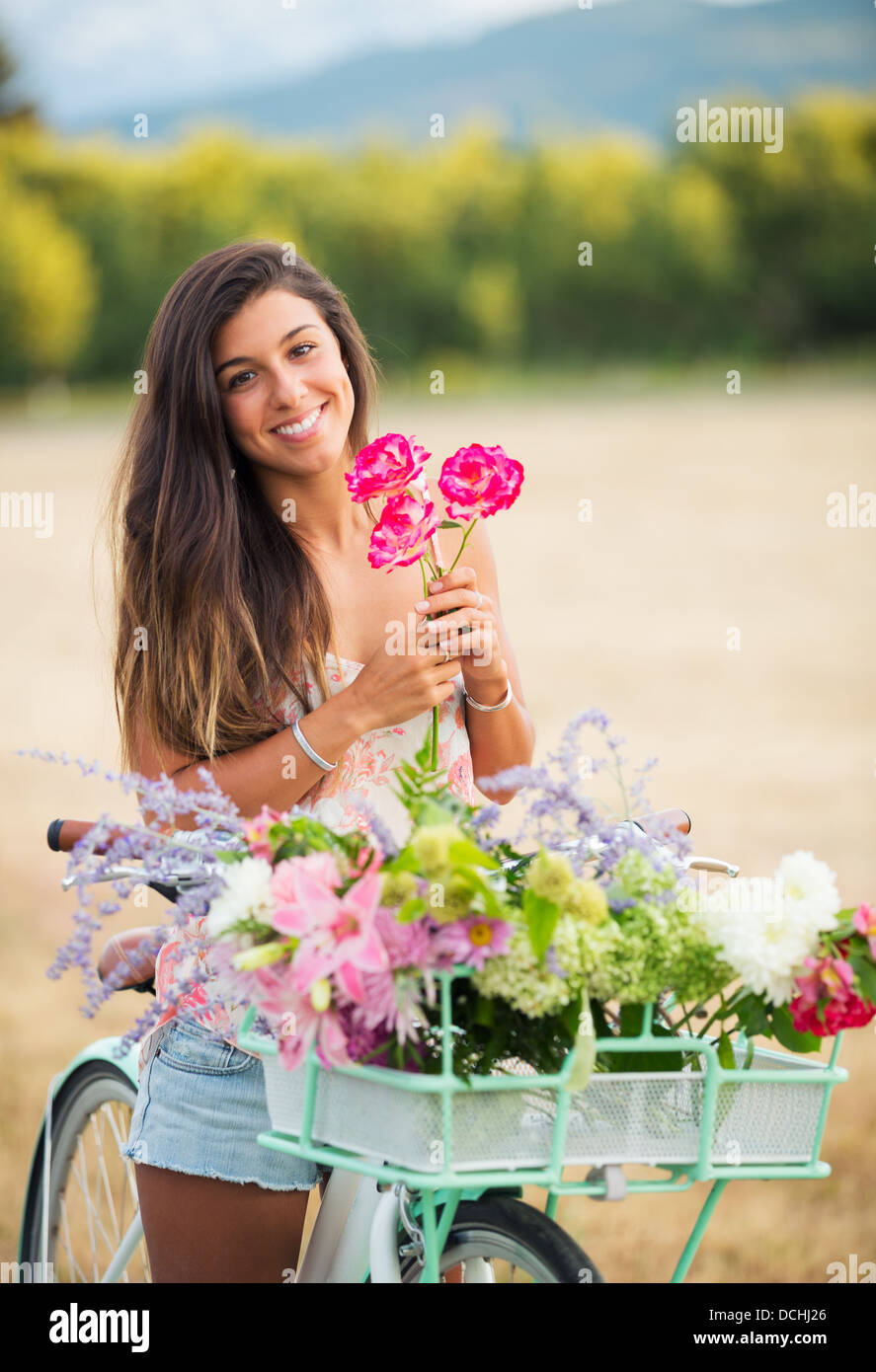 Beautiful Young Woman on Bike in Countryside, Summer Lifestyle Stock ...