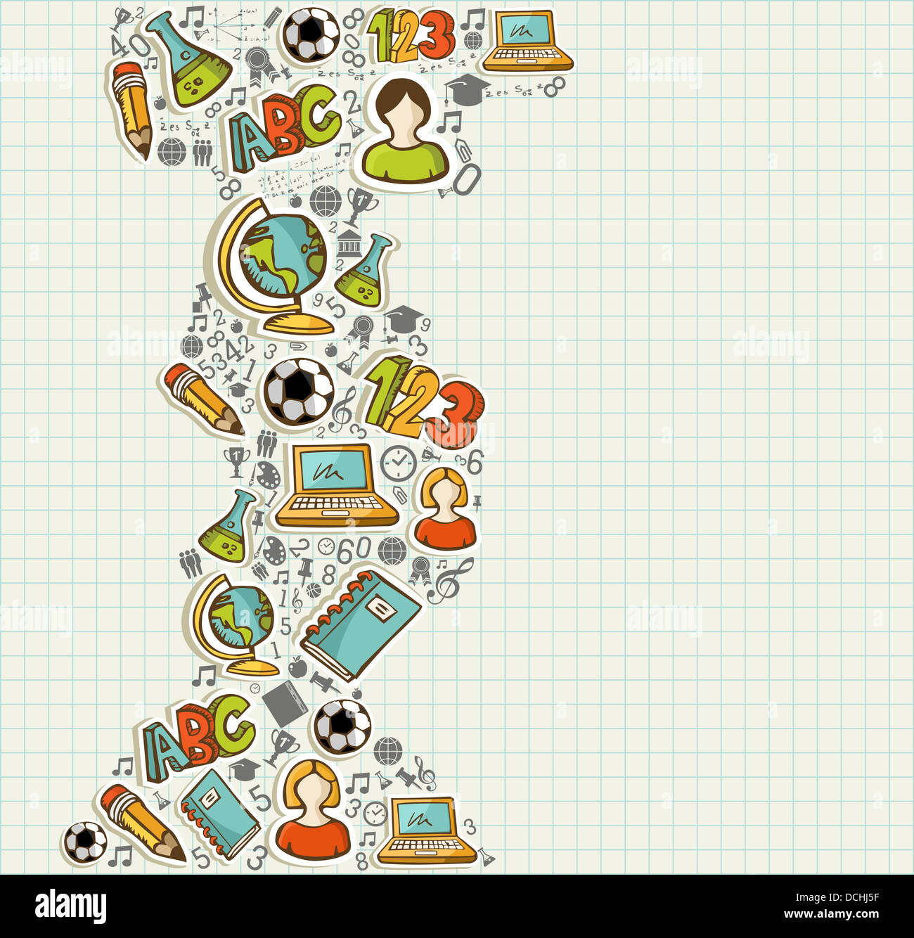 Education back to school colorful cartoon icons over grid sheet ...
