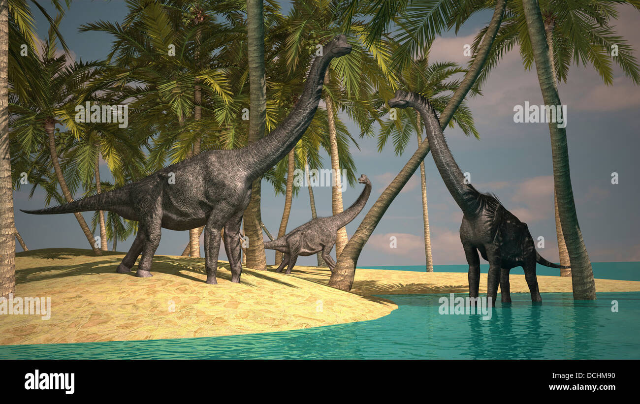Brachiosaurus dinosaurs grazing at the water's edge Stock Photo - Alamy
