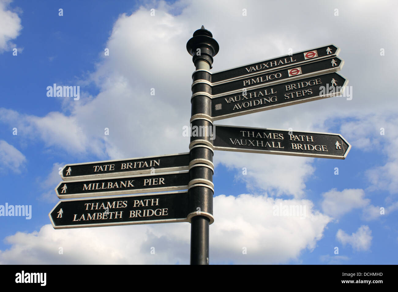 Sign post on the Thames Embankment, Millbank, Westminster, London ...