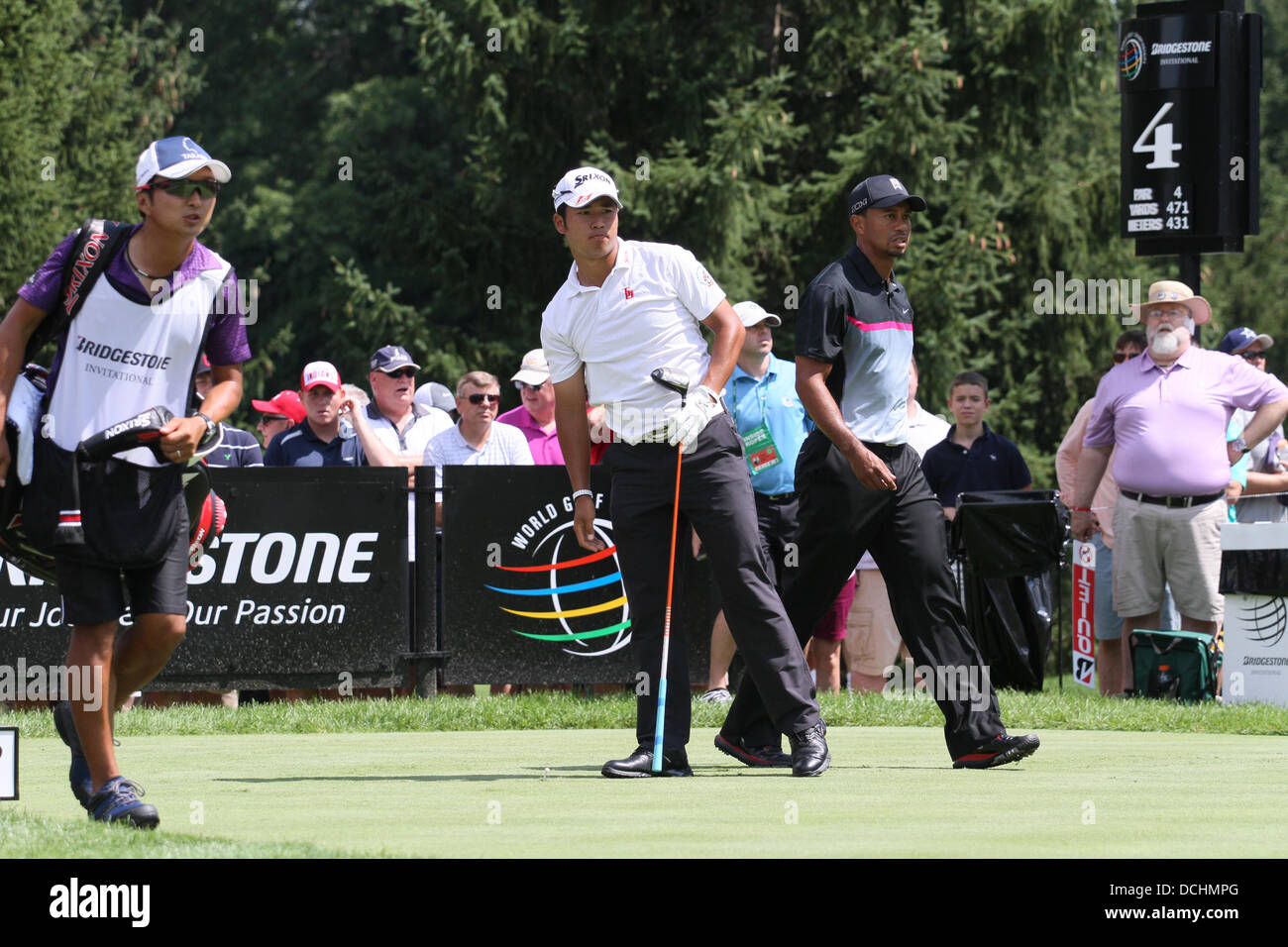 (L-R) Daisuke Shindo, Hideki Matsuyama (JPN), Tiger Woods (USA), AUGUST ...