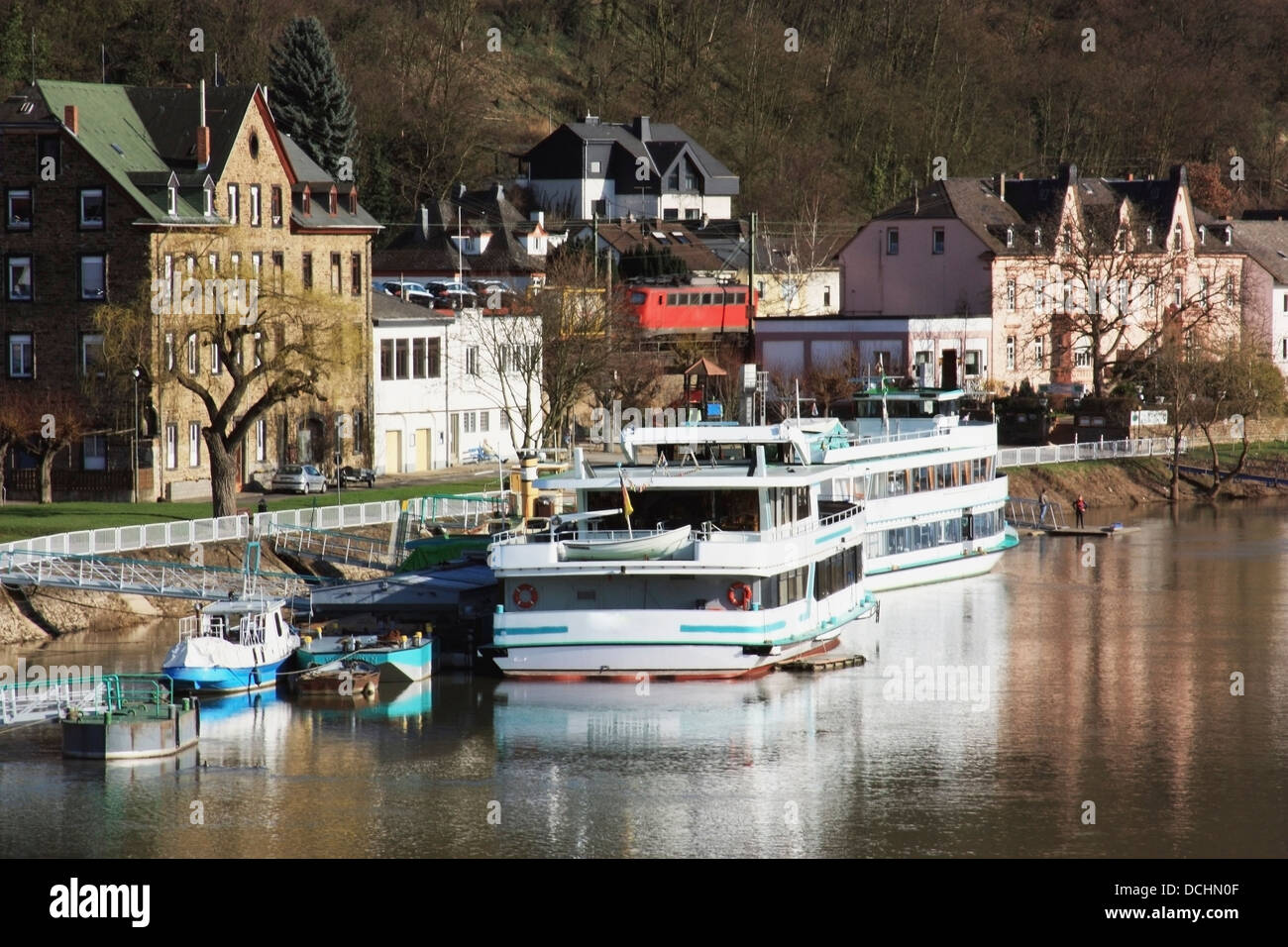Boats Docked At Waterfront; Vallendar, Rheinland-Pfalz, Germany Stock ...
