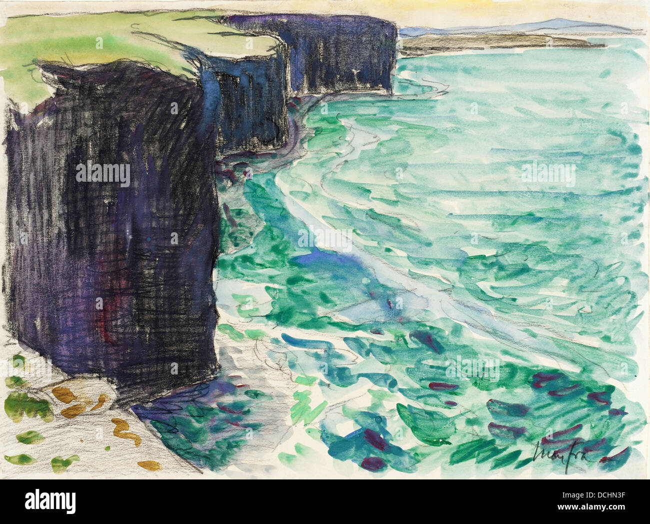 This painting titled *The Cliffs* portrays a dramatic natural landscape ...