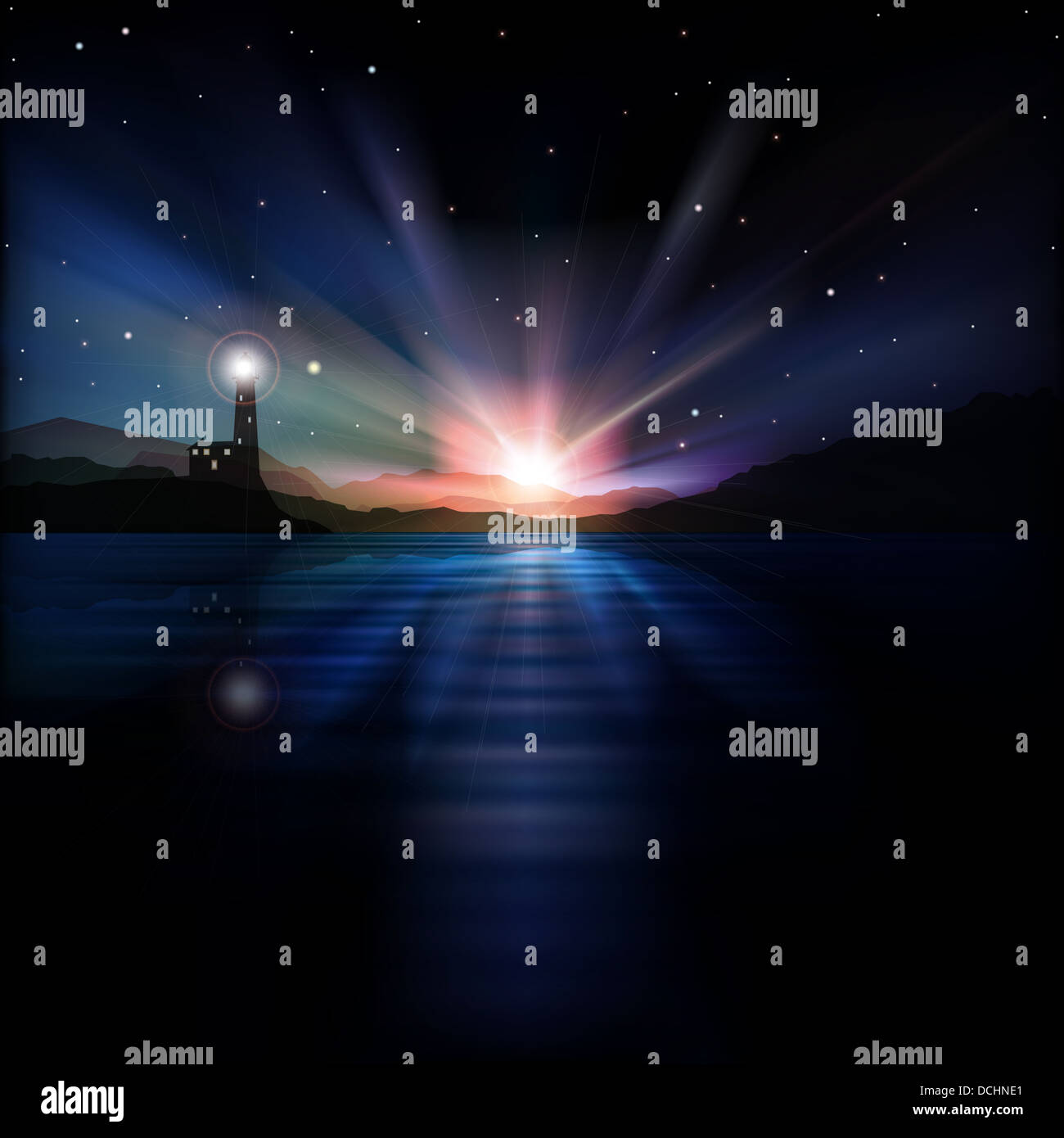 abstract sea background with lighthouse and mountains Stock Photo - Alamy