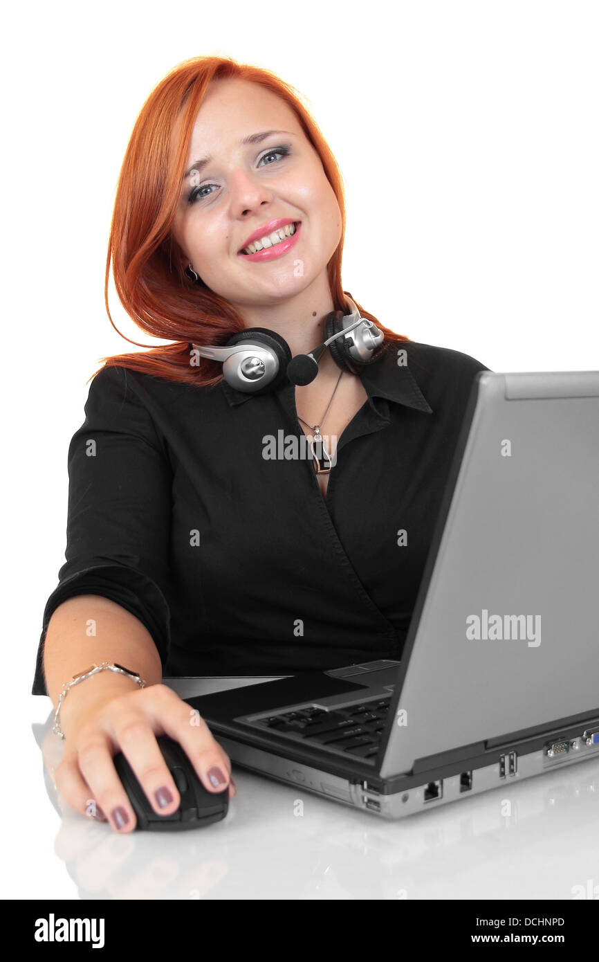Portrait of happy smiling cheerful young support phone operator in headset with laptop, isolated ...