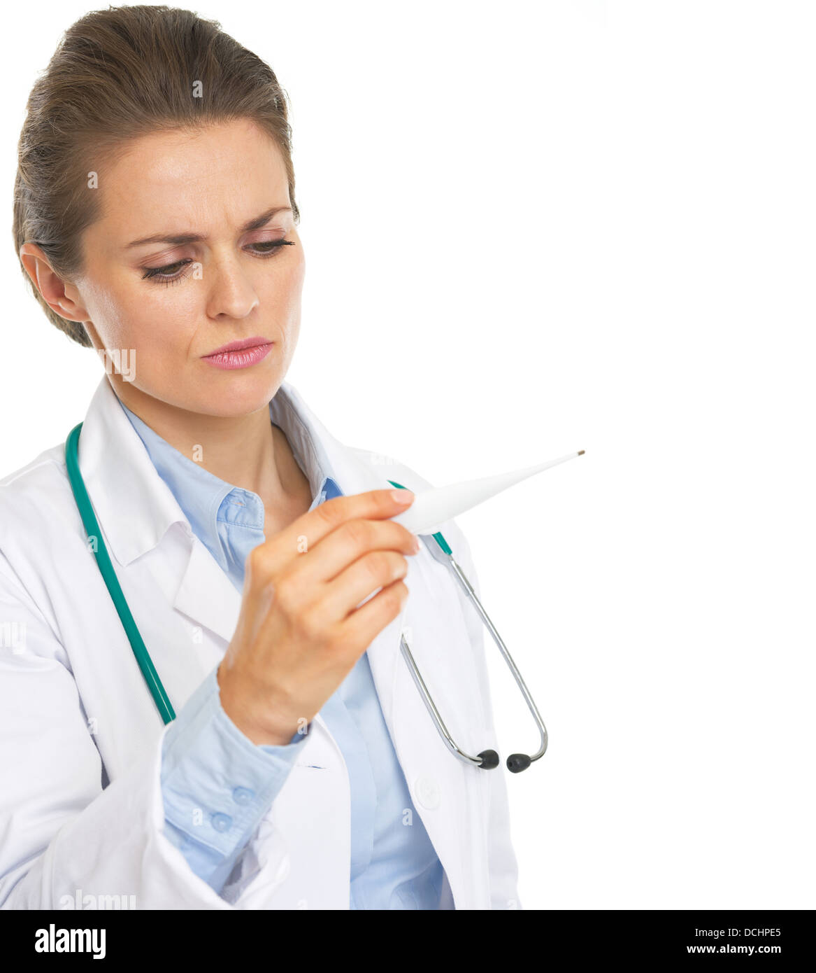 Concerned doctor woman looking on thermometer Stock Photo - Alamy