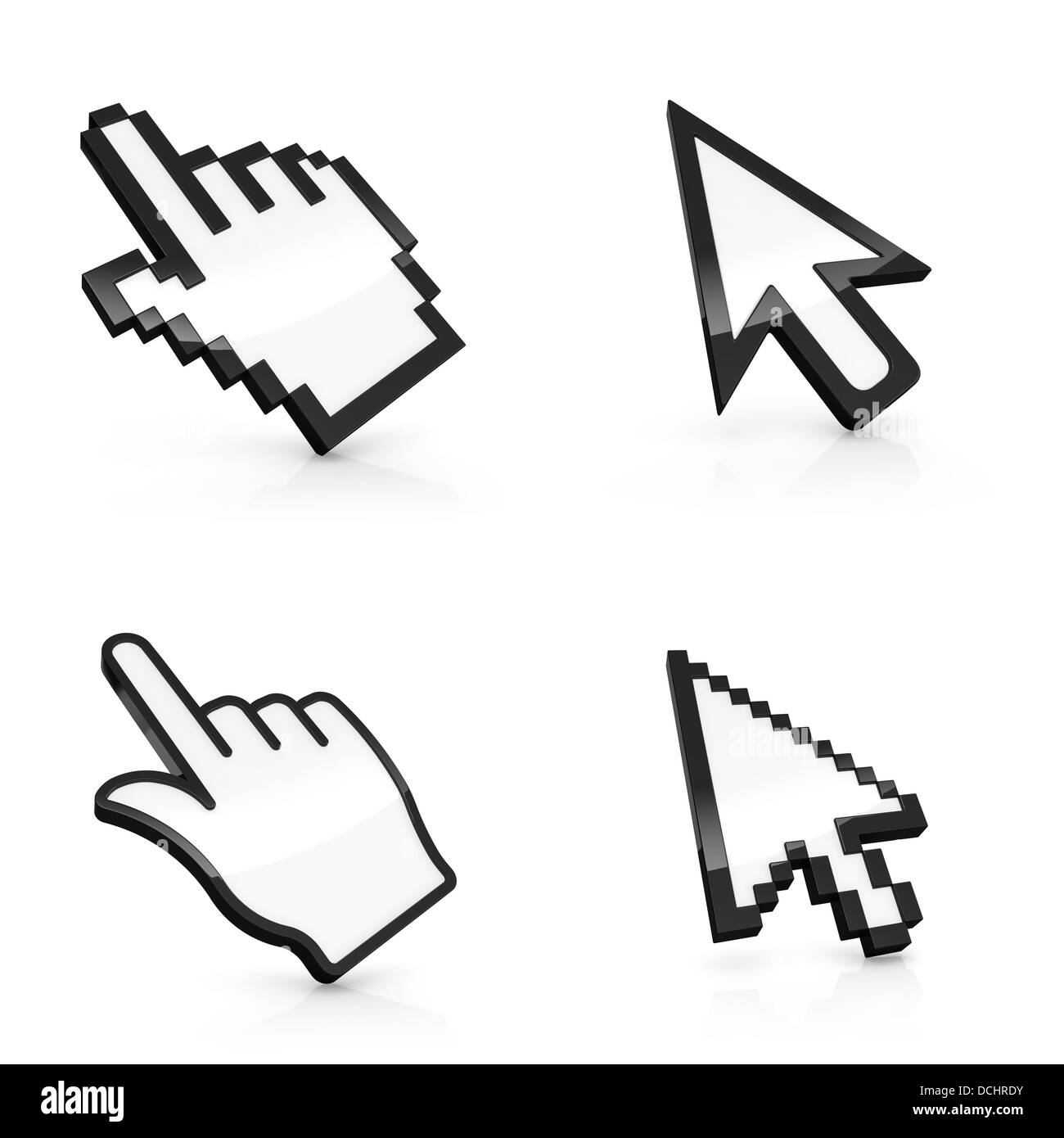 3D illustration of four types of mouse pointers isolated on white ...