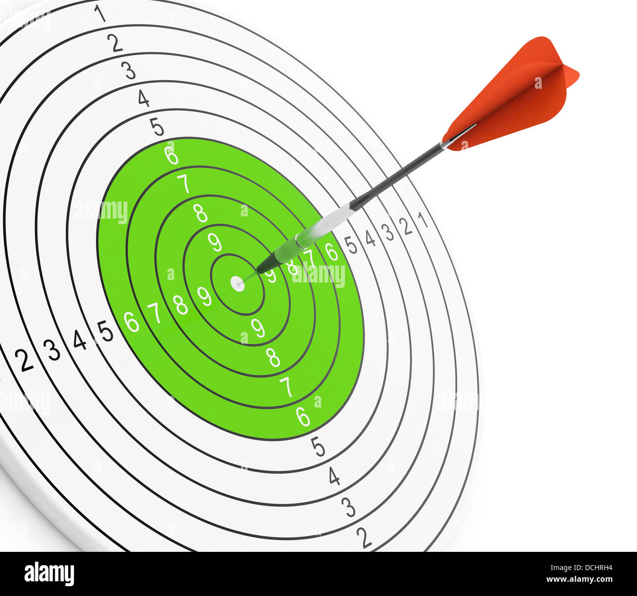 3D illustration of red dart hitting bullseye of green target Stock ...