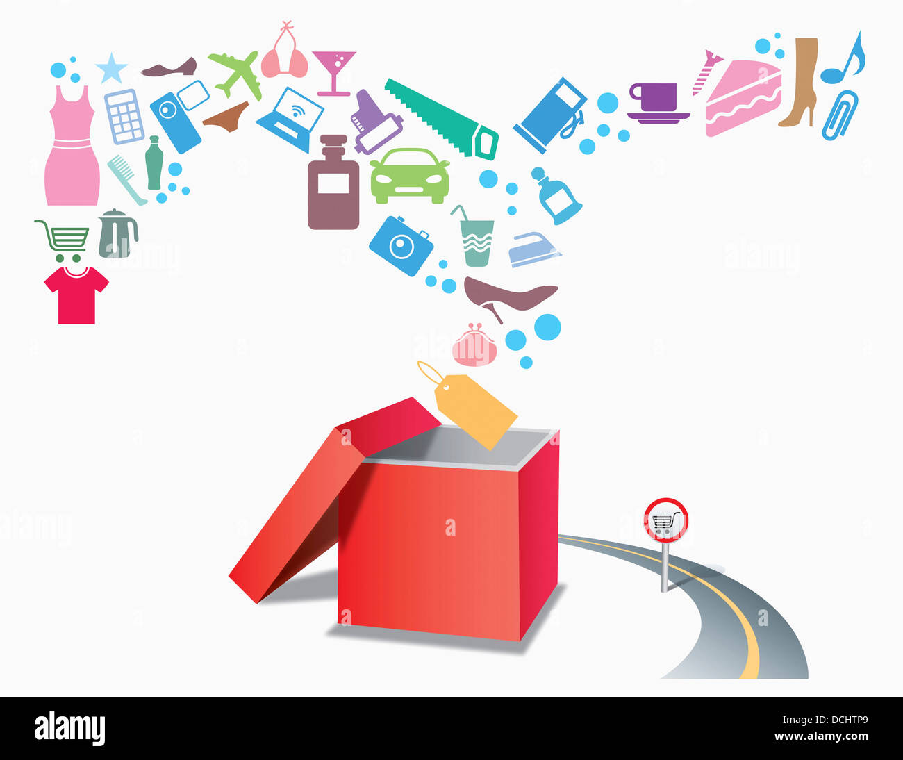 illustration of icons flying from red box Stock Photo - Alamy